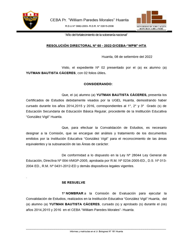 Informe Revalidación de Notas de EBR A CEBA-2022-16 | PDF | Science