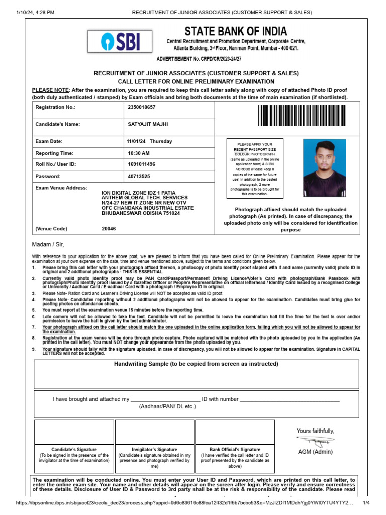 Junior Associates Exam Call Letter | PDF | Driver's License | Identity ...