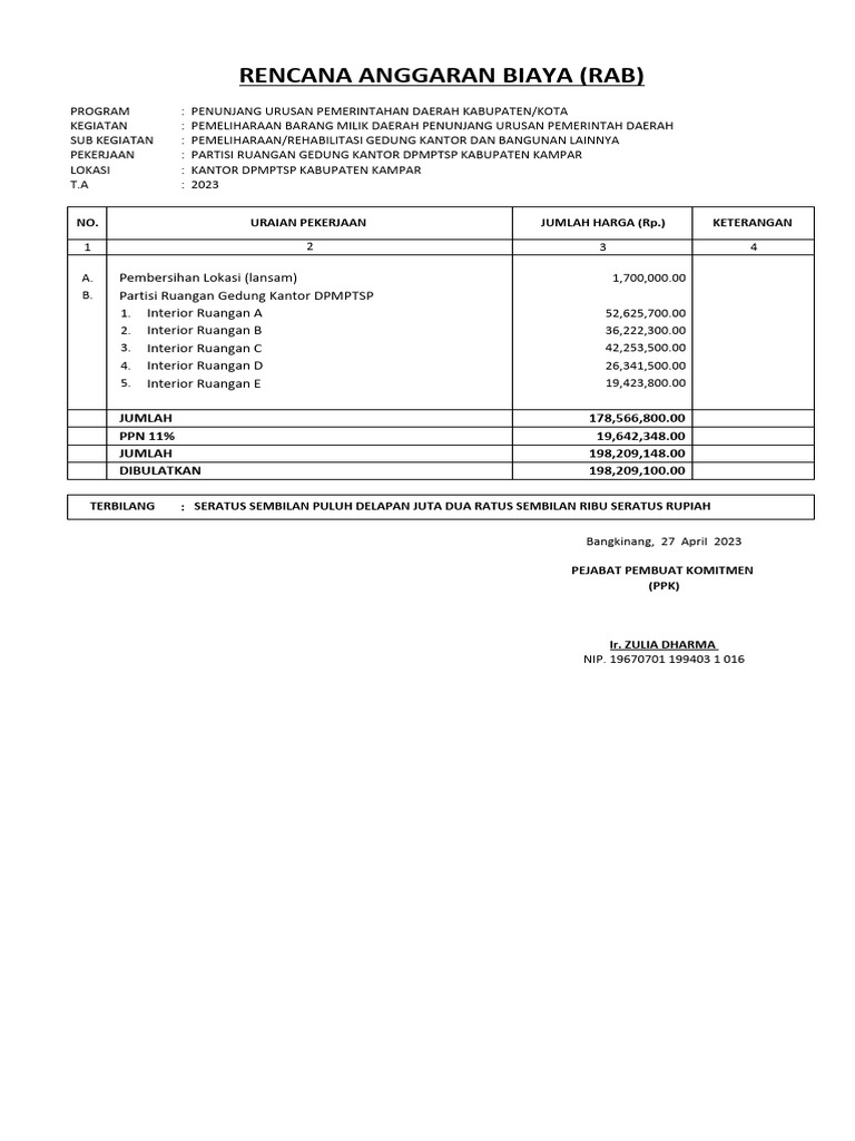 Rab Pekerjaan Partisi Ruangan Gedung Kantor DPMPTSP Kabupaten Kampar | PDF