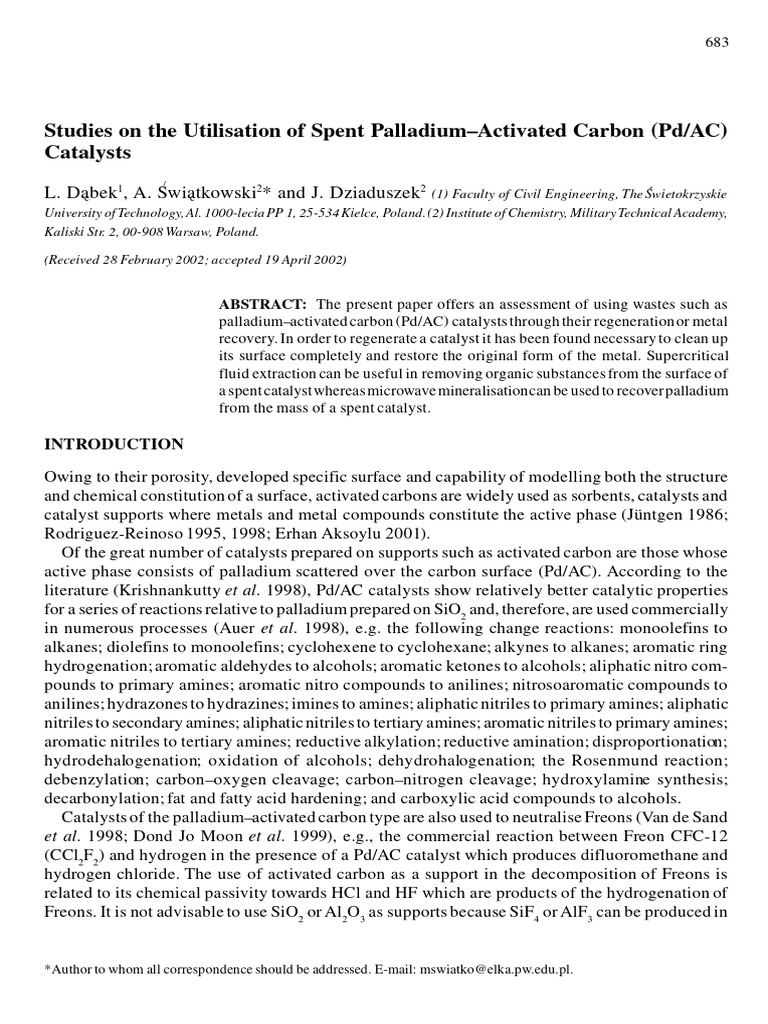 Dabek Et Al 2002 Studies On The Utilisation of Spent Palladium Activated Carbon (PD Ac ...
