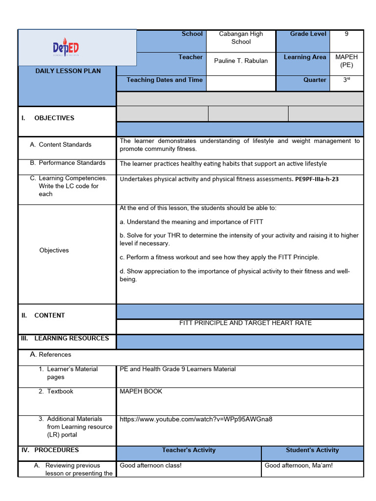 DLP Pe Fitt and THR | PDF | Heart Rate | Learning