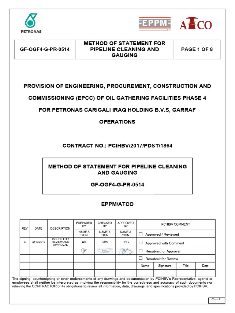 7 Method of Statement For Pipeline Cleaning and Gauging - Rev B | PDF