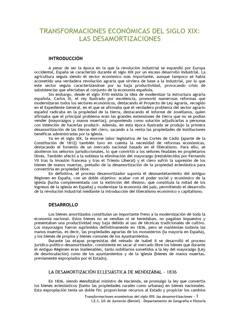 10 - Transformaciones Econã Micas Del Siglo XIX - Las Desamortizaciones | PDF | Agricultura | España