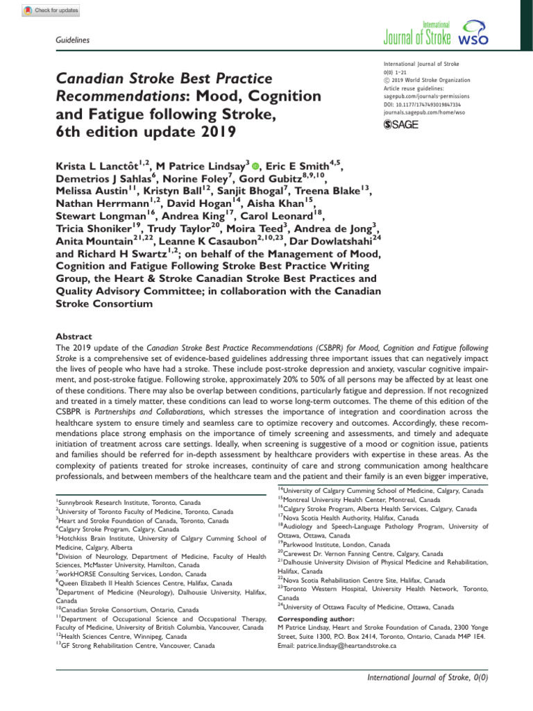 2019 - Lanctôt K.L. Et Al - Canadian Stroke Best Practice Recommandations - Mood, Cognition and ...