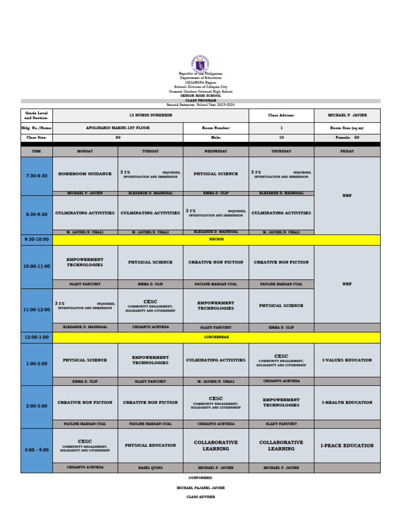 Class Program Grade 11 Humss Durkheim | PDF | Philippines