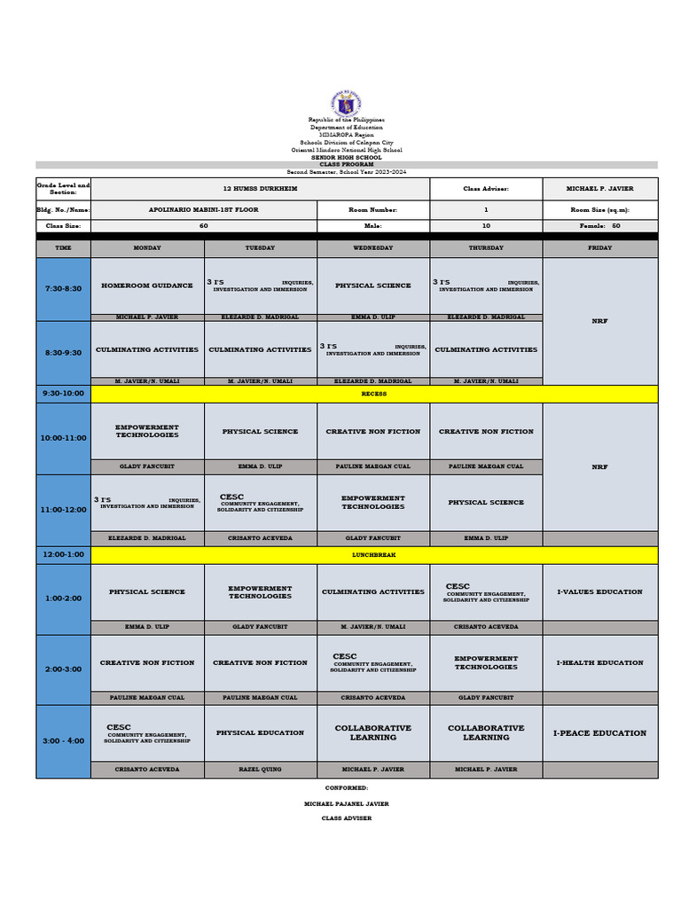 Class Program Grade 11 Humss Durkheim | PDF | Philippines