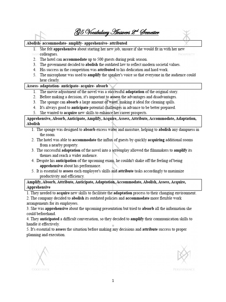 G5 Vocabulary 2nd Semester Answers | PDF
