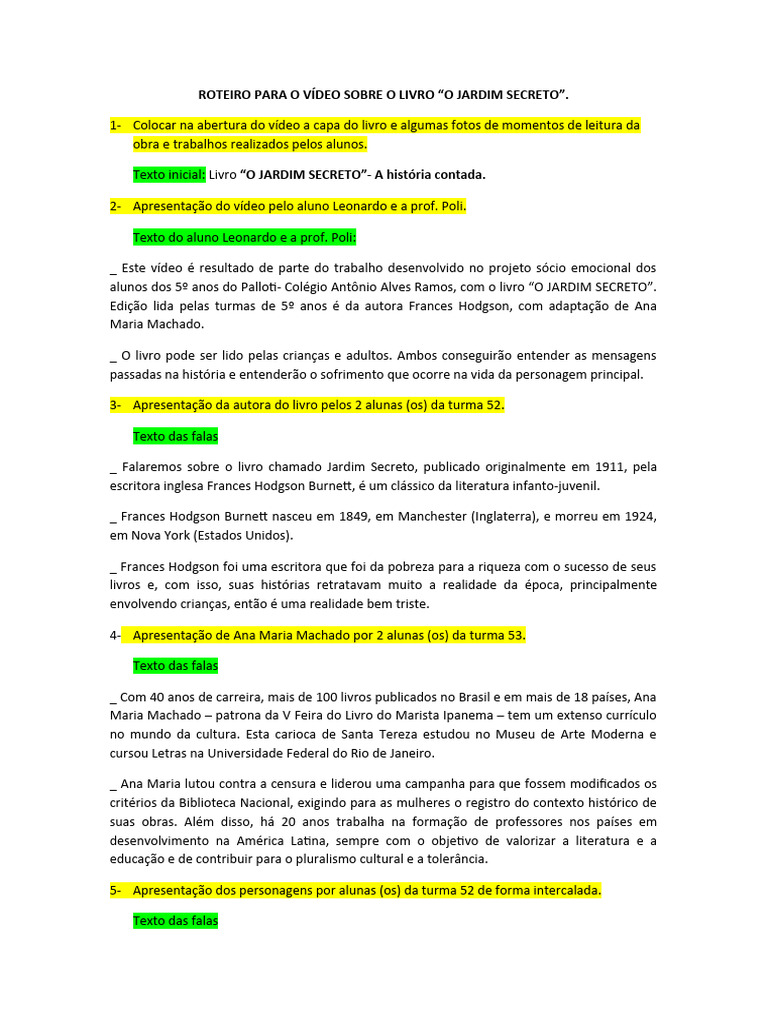 Roteiro de Vídeo: O Jardim Secreto | PDF | Livros | Rio de Janeiro