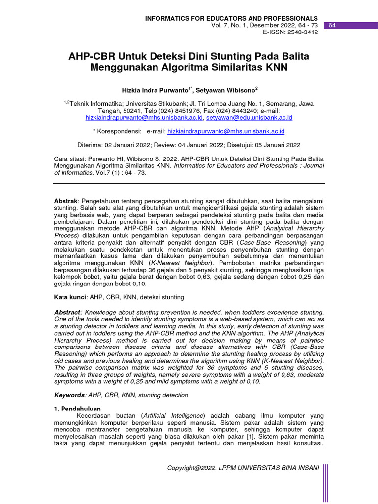 AHP-CBR Untuk Deteksi Dini Stunting Pada Balita Menggunakan Algoritma Similaritas KNN | PDF ...