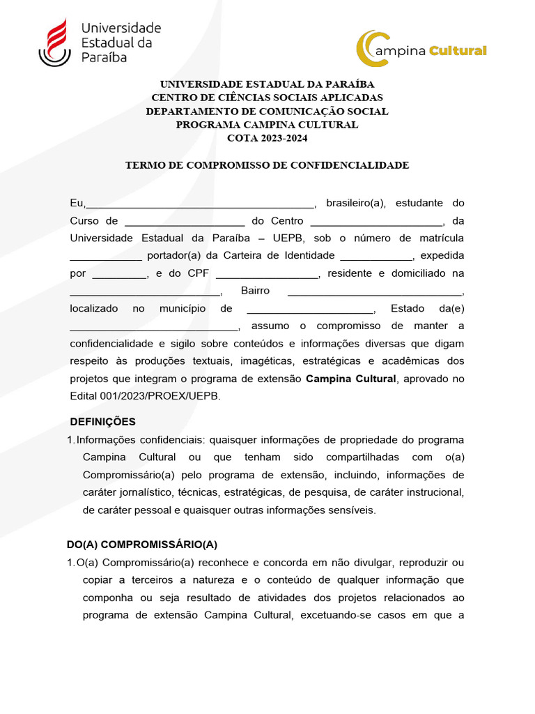 Termo-De-Compromisso-Modelo Cota - 2023-2024 | PDF | Science