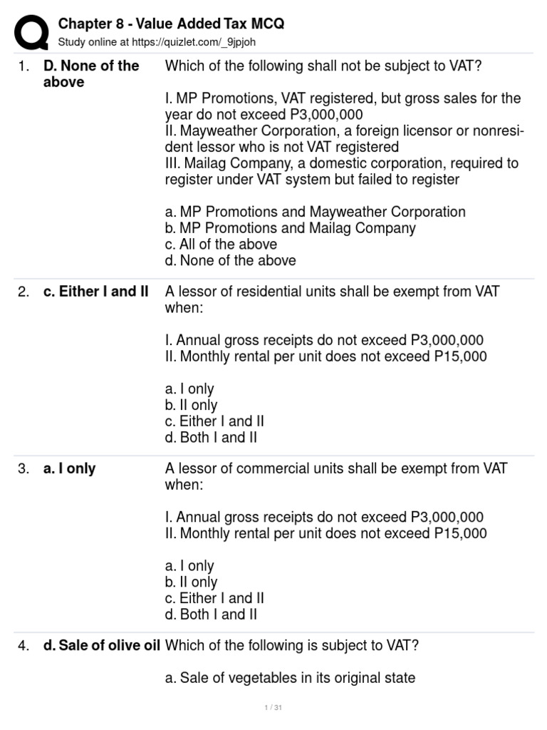 Value Added Tax MCQ Review | PDF | Value Added Tax | Invoice