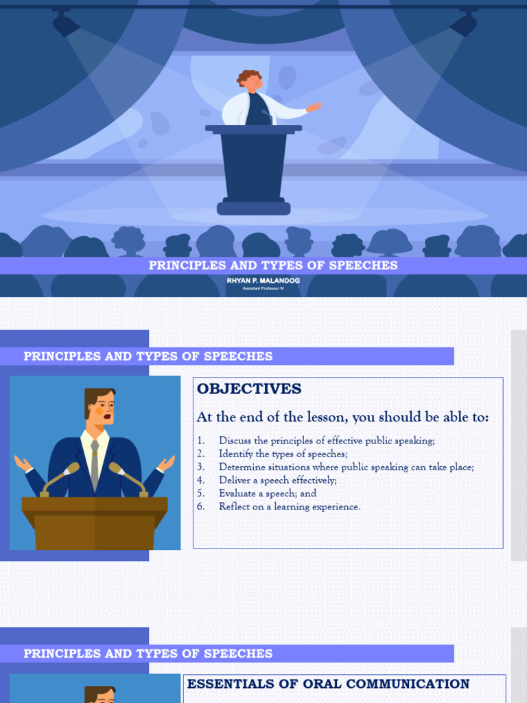 PurComm - Principles and Types of Speeches | PDF | Public Speaking | Communication