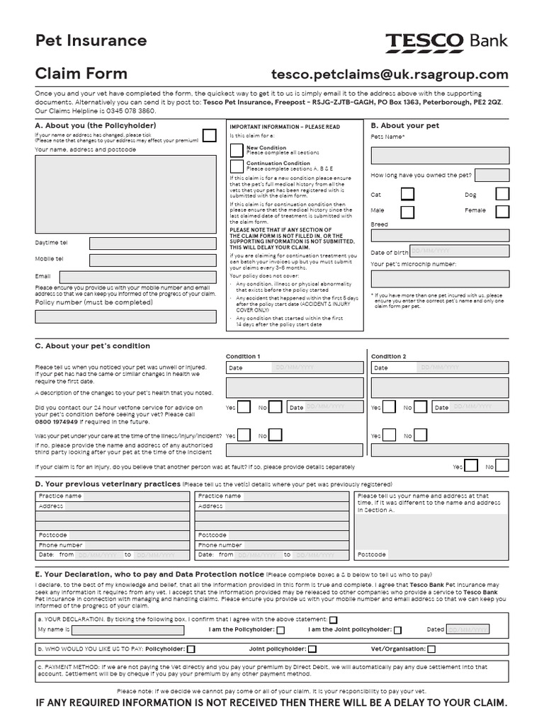 Tesco Pet Insurance Claim Form | PDF | Insurance | Payments