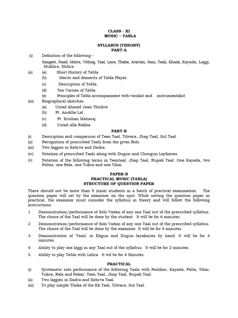 Class XI Tabla Music Syllabus Overview | PDF