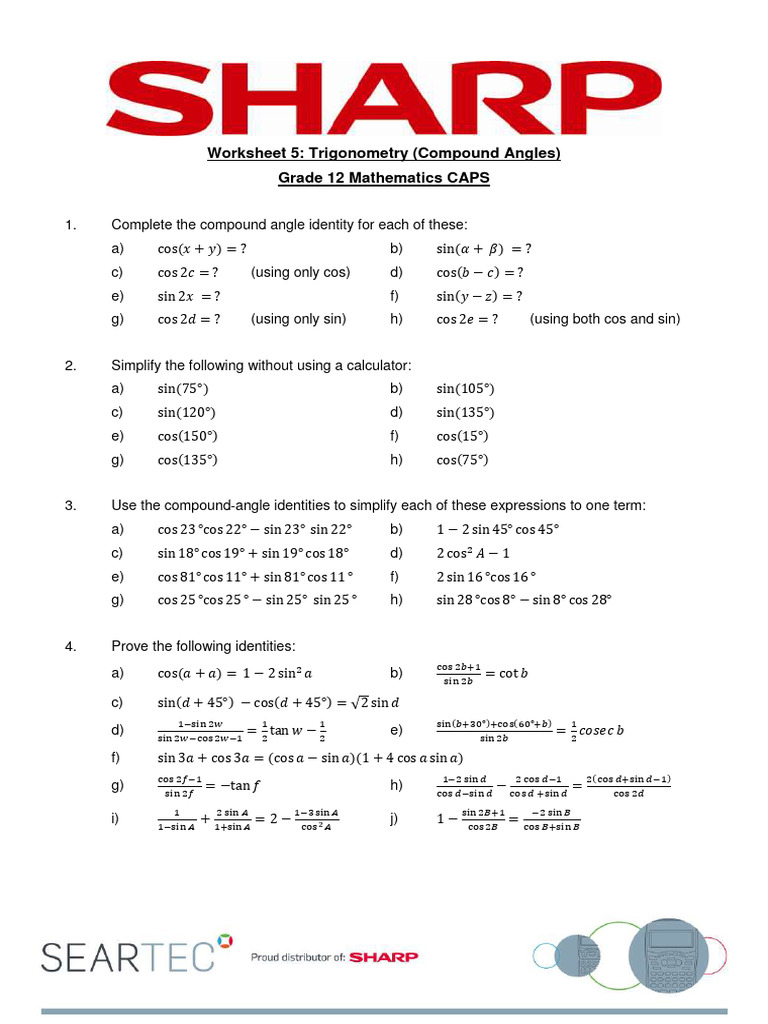 Worksheet 5 Trigonometry - Compound Angles Grade 12 Maths | PDF ...