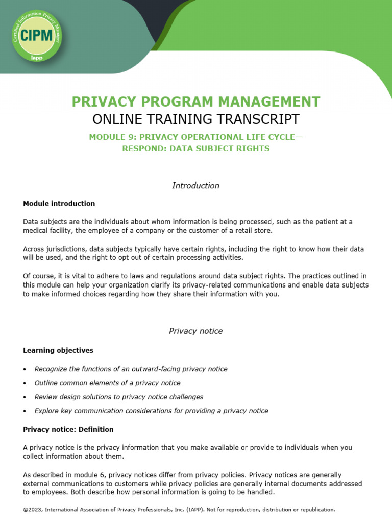 9.CIPM Onl Mod9Transcript | PDF | Privacy | Consent