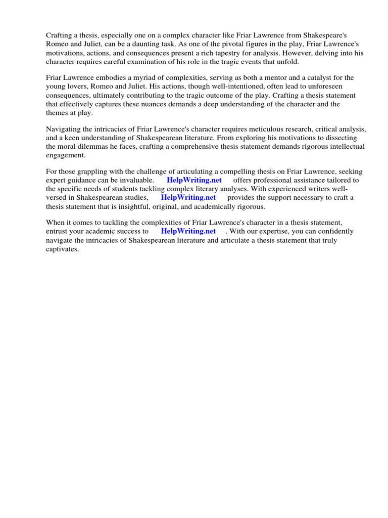 Friar Lawrence Thesis Statement | PDF | Characters In Romeo And Juliet | Romeo And Juliet