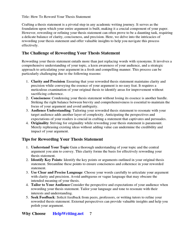 How To Reword Your Thesis Statement | PDF | Thesis | Essays How To Reword Your Thesis Statement | PDF | Thesis | Essays