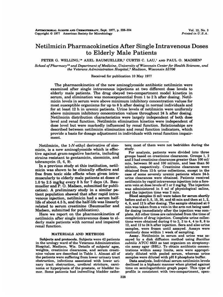 Netilmicin Pharmacokinetics After Single Intravenous Doses To Elderly ... Netilmicin Pharmacokinetics After Single Intravenous Doses To Elderly ...