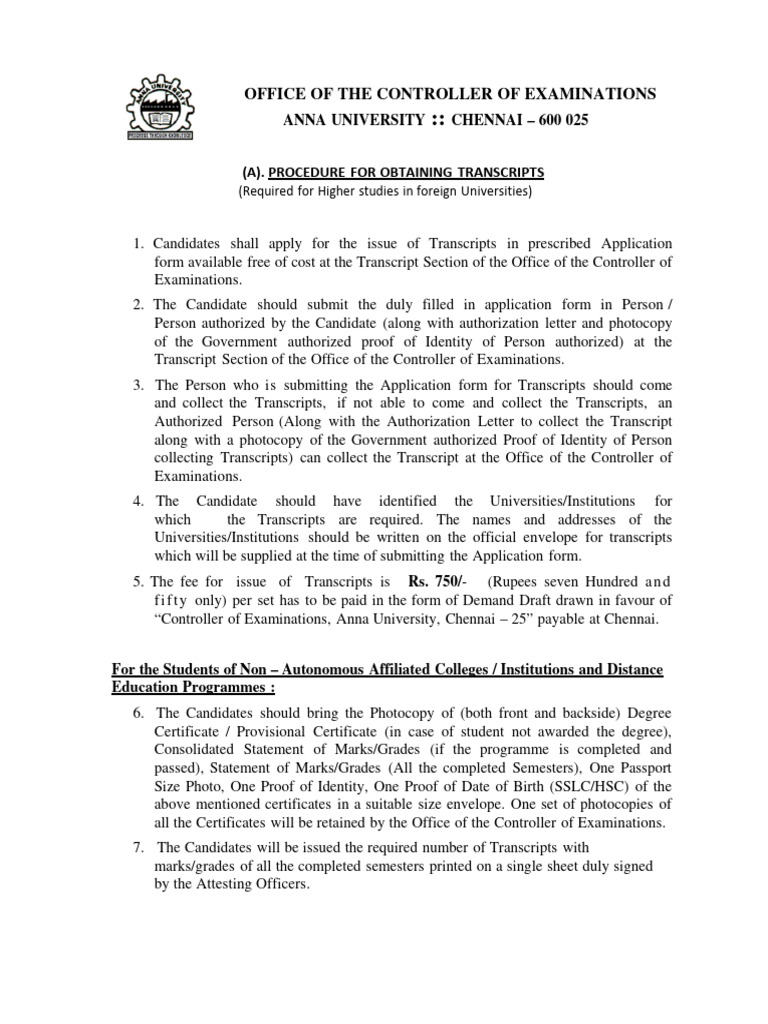 Anna University Transcript Application Guide | PDF | Career & Growth ...