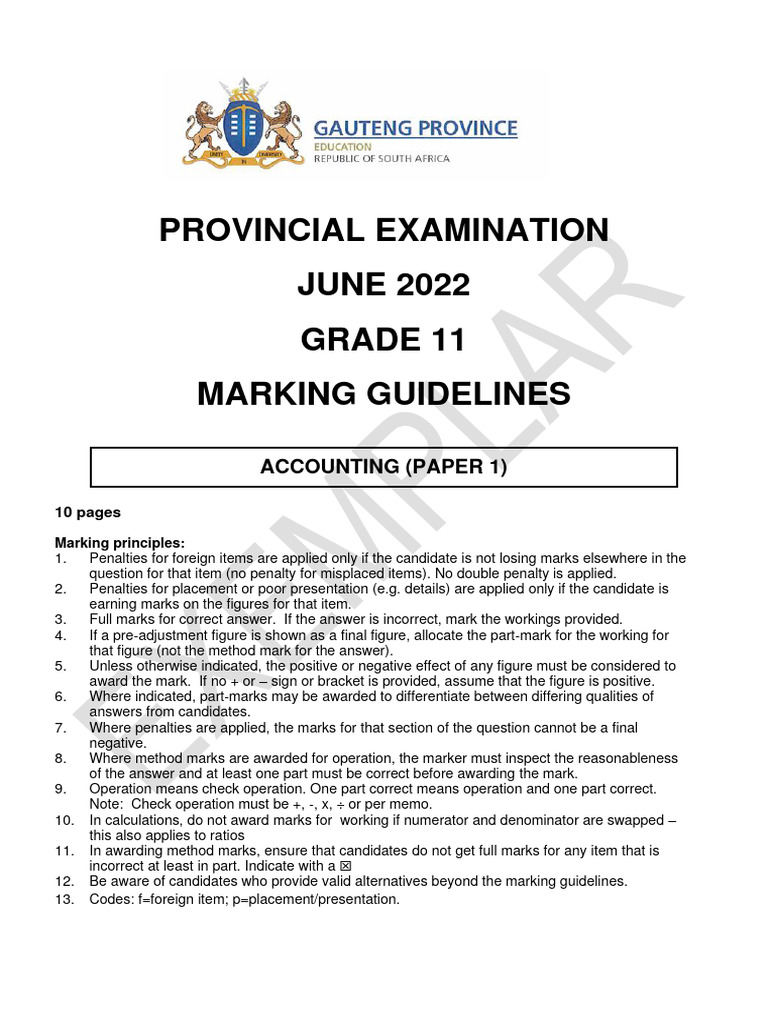 2022 Grade 11 Provincial Examination Accounting P1 (English) June 2022 Possible Answers | PDF ...