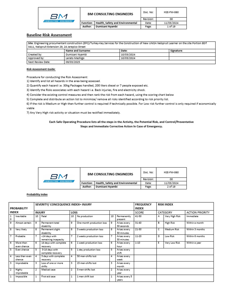 HSE-FM-060 Rev00 - Baseline Risk Assessment | PDF | Risk | Risk Assessment