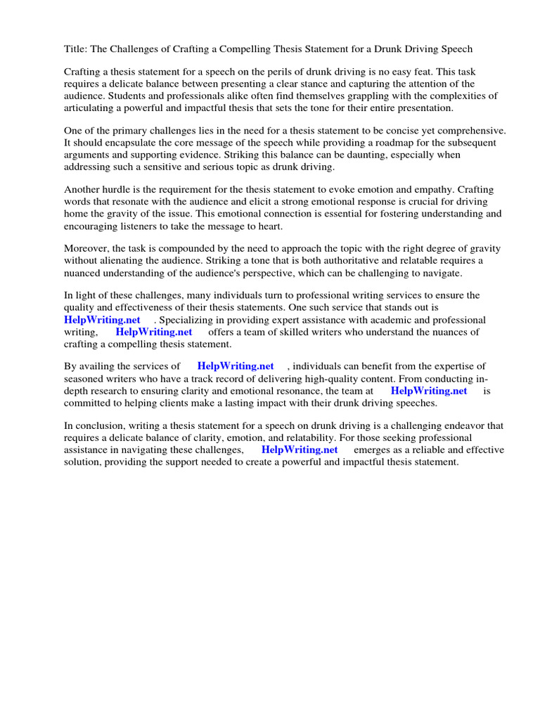 Thesis Statement For Drunk Driving Speech | PDF | Driving Under The ...