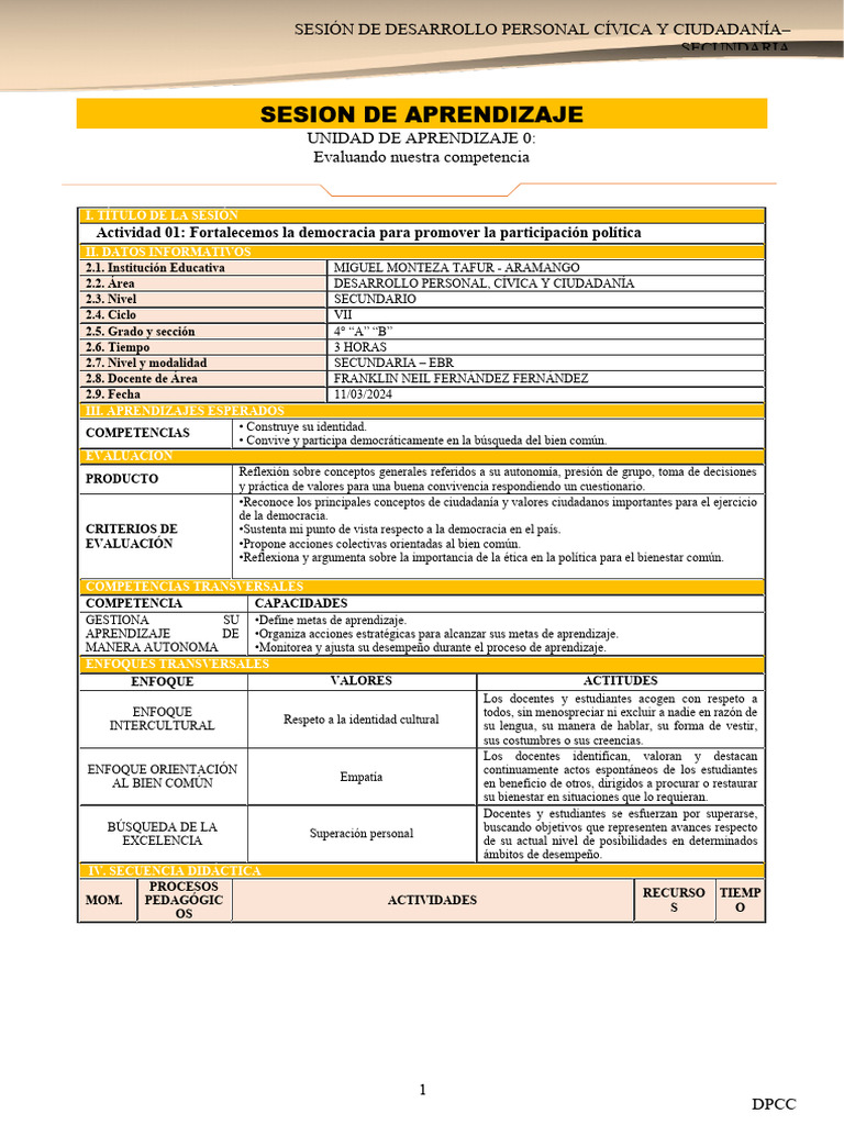 4° y 5° SESION ACTV 0. DPCC 2024 | PDF | Evaluación | Enseñando