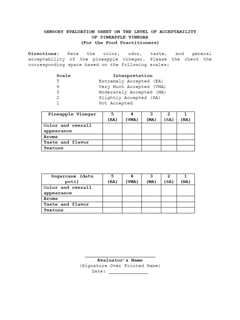 Sensory Evaluation Sheet On The Level of Acceptability | PDF