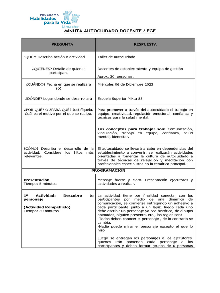 Minuta Autocuidado EGES Mixta 88 | PDF | Las emociones | Estrés (biología)