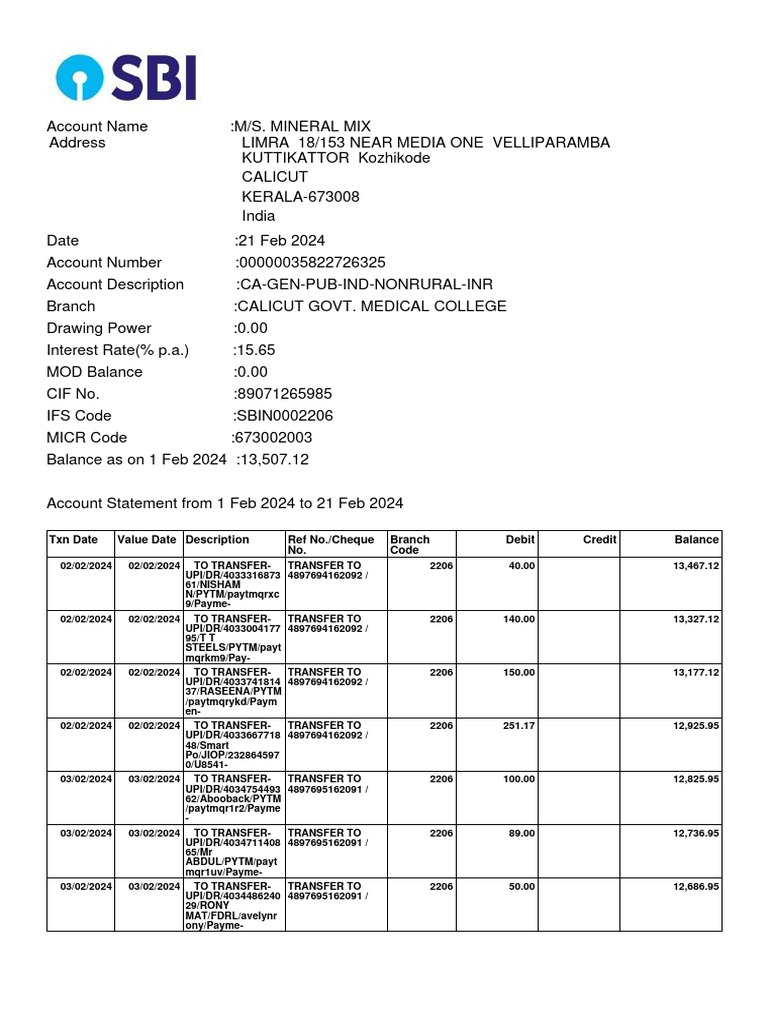 TXN Date Value Date Description Ref No./Cheque No. Branch Code Debit Credit Balance | PDF ...