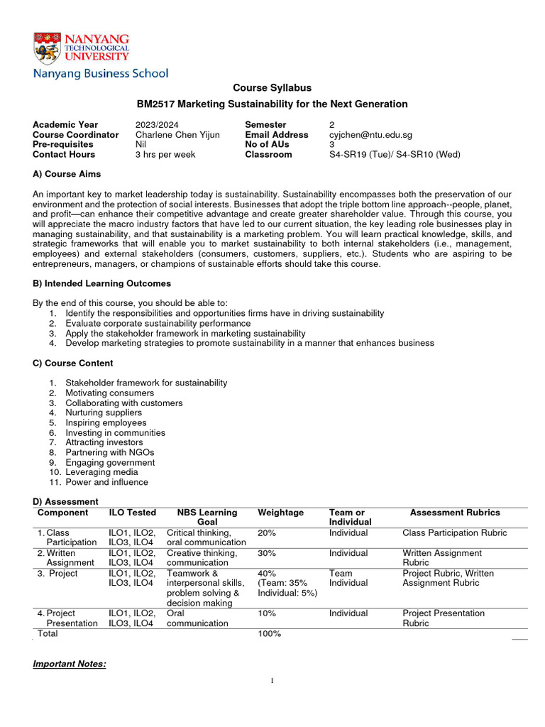 New Bm2517 Marketing Sustainability For The Next Generation Syllabus 2024 Pdf Rubric