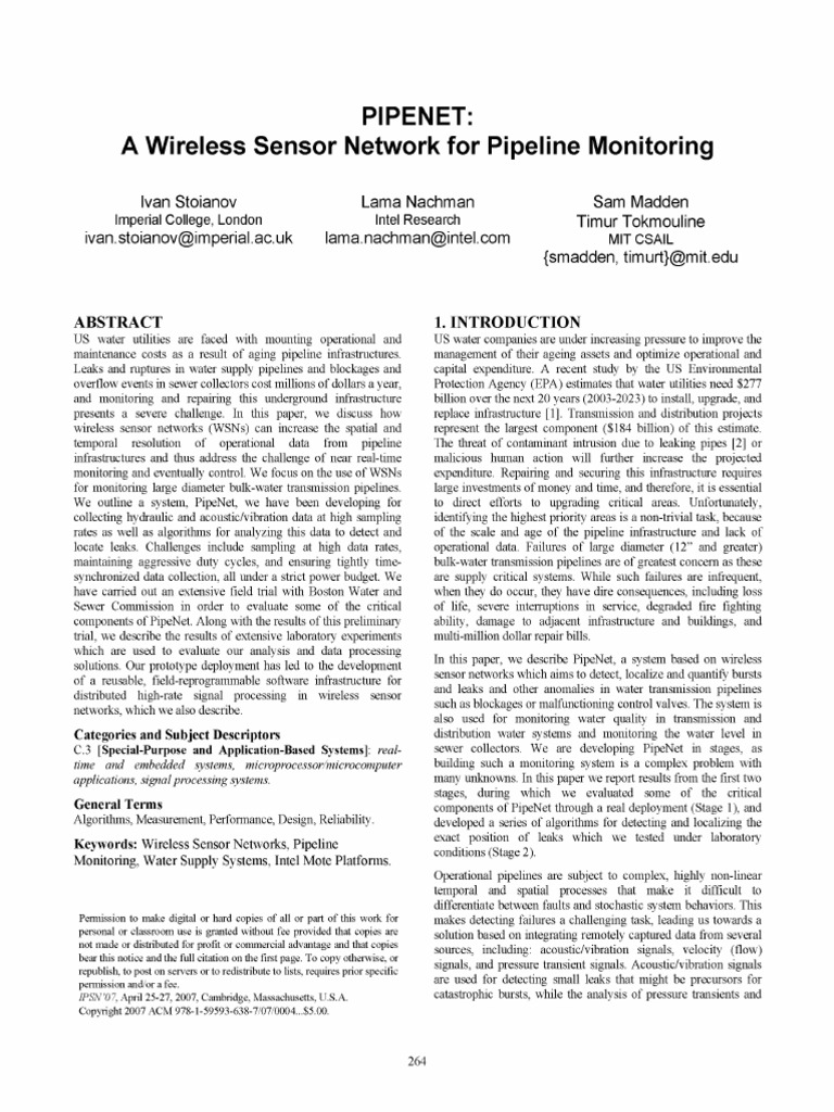 Stoianov2007 PIPENET PATENTS | PDF | Combined Sewer | Wireless Sensor ...