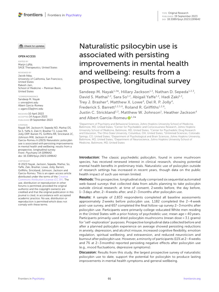 Naturalistic Psilocybin Use Is Associated With Persisting Improvements ... Naturalistic Psilocybin Use Is Associated With Persisting Improvements ...