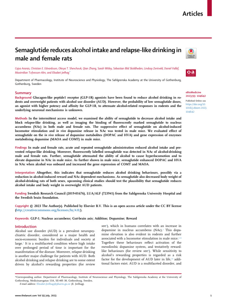 Semaglutide and Alochol Intake in Rats | PDF | Dopamine | Reward System
