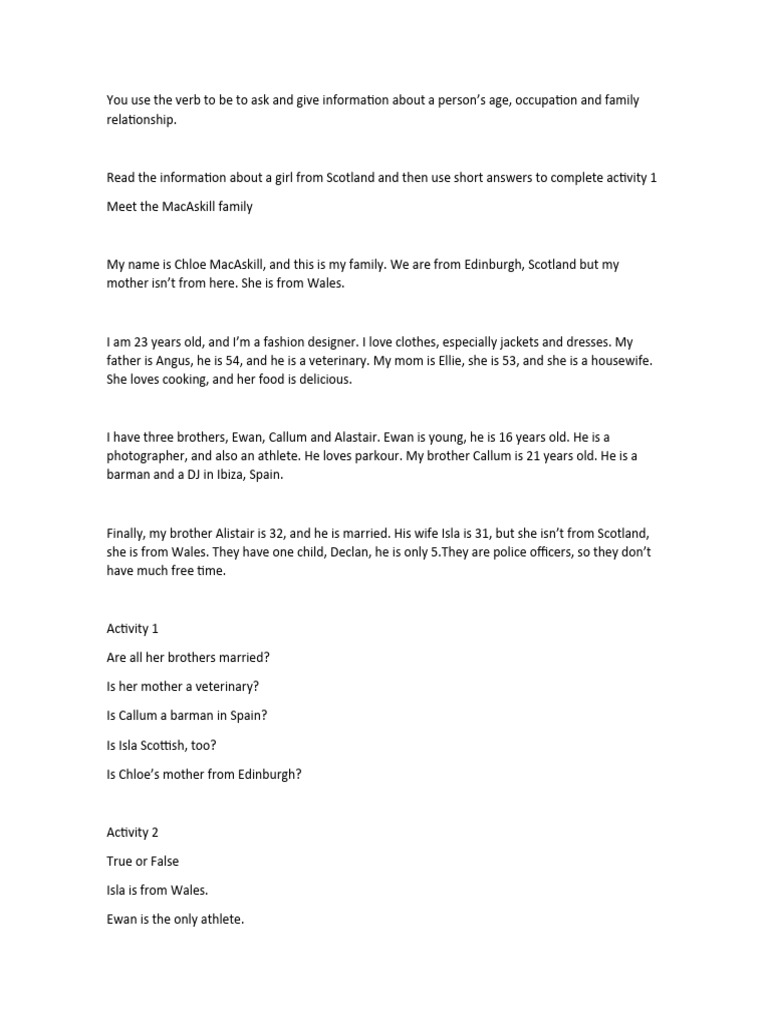 Reading Verb To Be | PDF