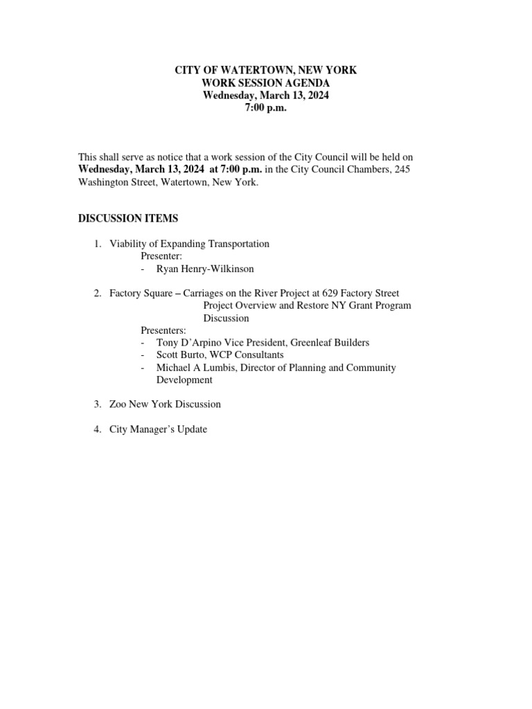 Watertown City Council Work Session Agenda March 13, 2024 | PDF | Taxes ... Watertown City Council Work Session Agenda March 13, 2024 | PDF | Taxes ...