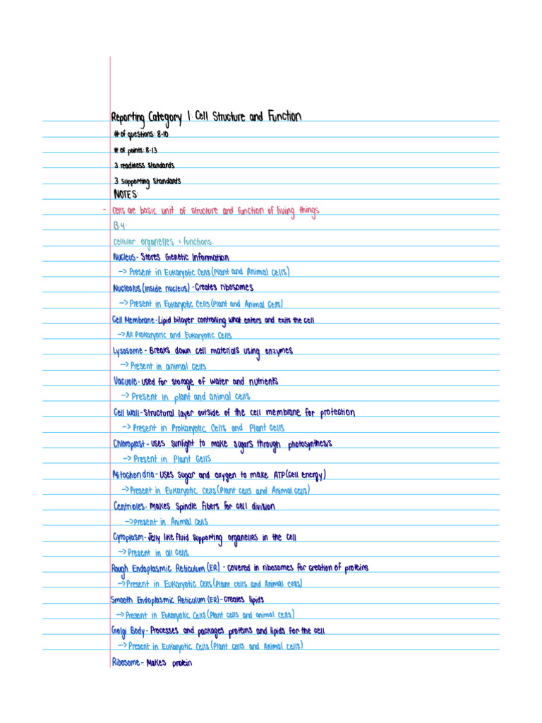 Category 1 Cell Structure And Function Notes Pdf