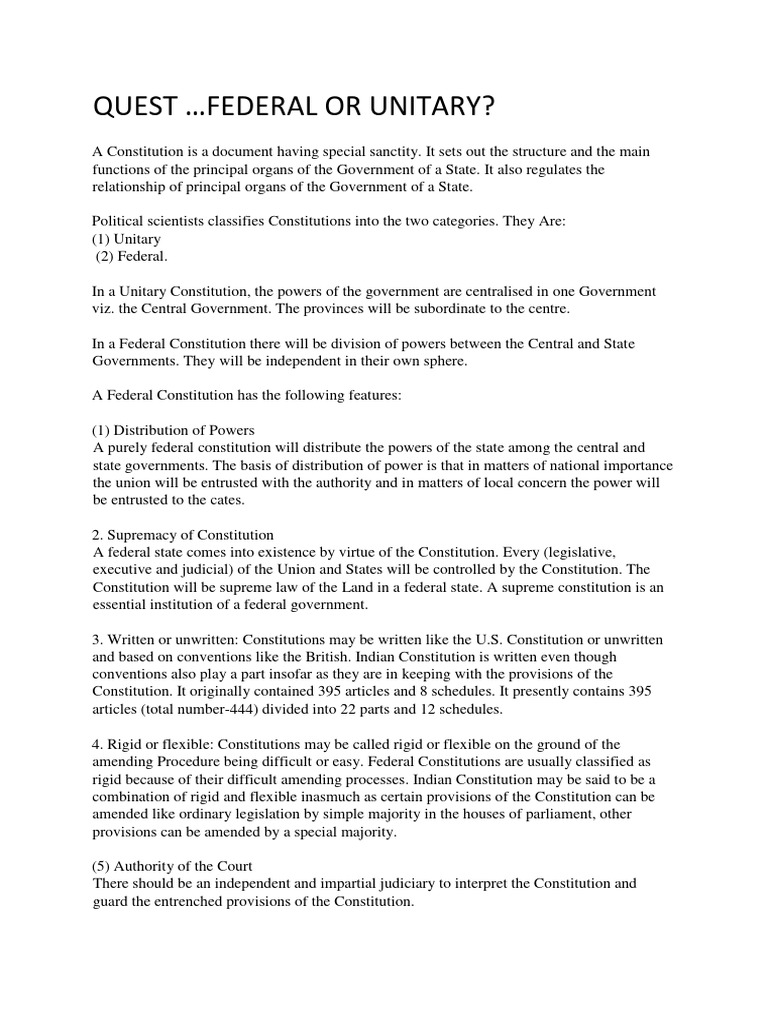Concept of Federalism or Unitary Full | PDF | Constitution | Federalism