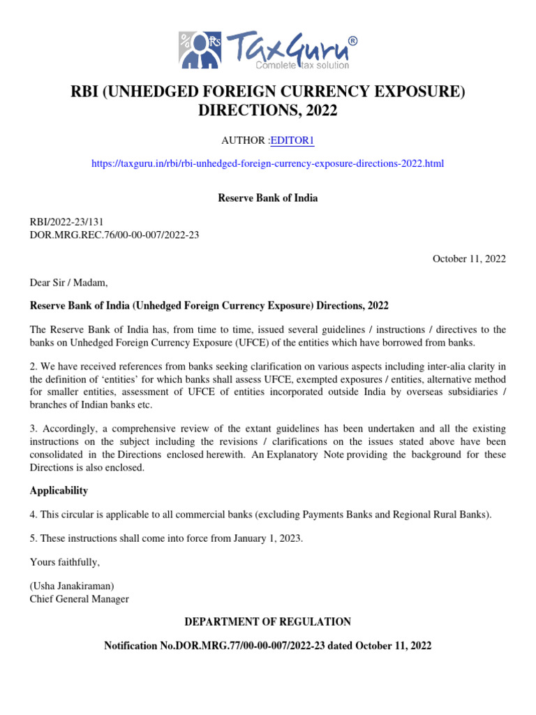 RBI (Unhedged Foreign Currency Exposure) Directions, 2022 - Taxguru ...