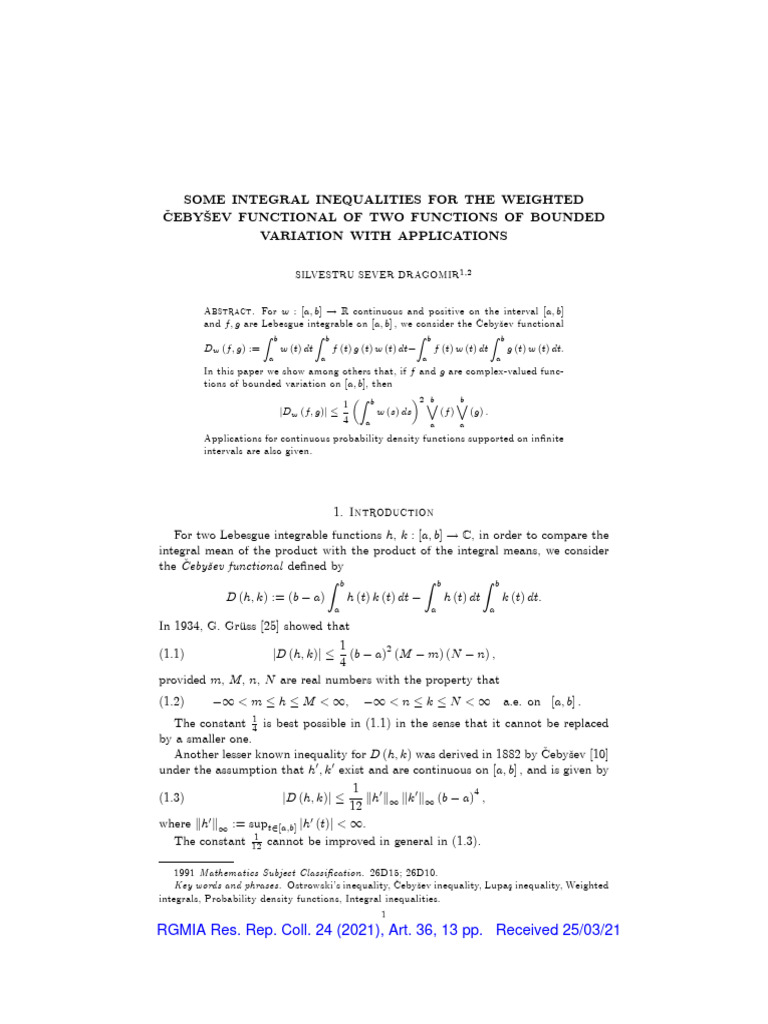 Some Integral Inequalities For The Weighted Chebysev Pdf Monotonic Function Measure Theory
