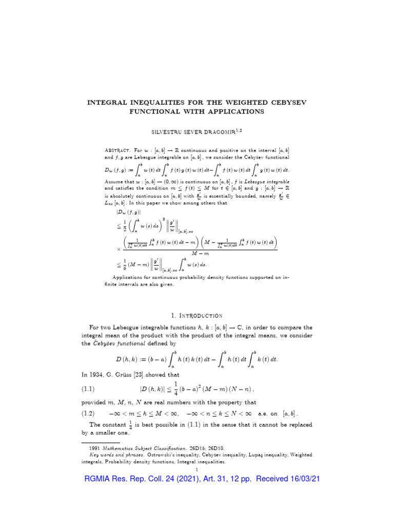 Integral Inequalities For The Weighted Cebysev | PDF | Analysis | Mathematical Relations