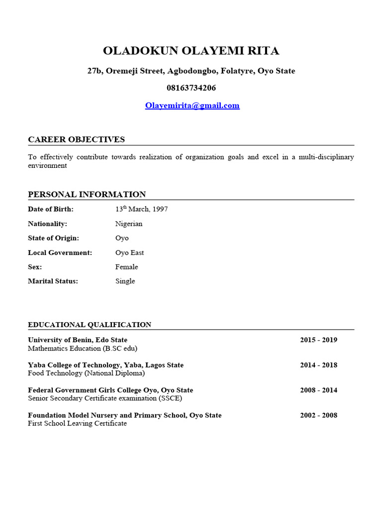 Olayemi Rita's CV and Career Profile | PDF