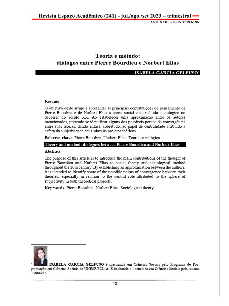 Teoria e Método - Dialógo Entre Pierre Bourdieu e Norbert Elias | PDF ...