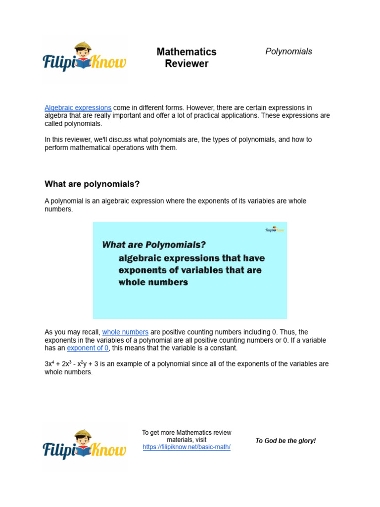 Polynomials Reviewer Revised | PDF | Polynomial | Subtraction