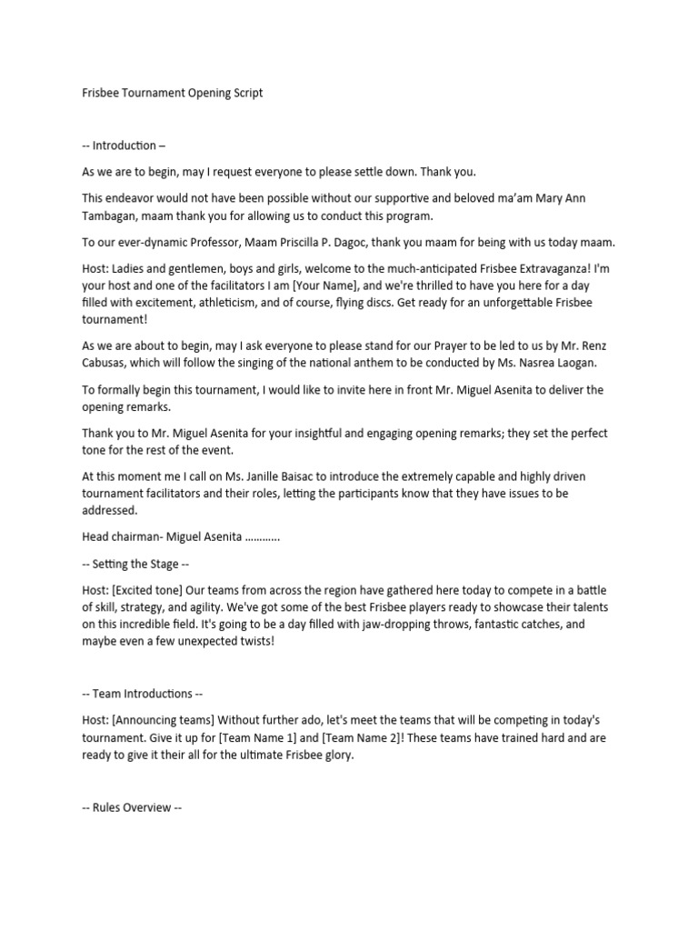 Frisbee Tournament Opening Script | PDF | Entertainment | Sports
