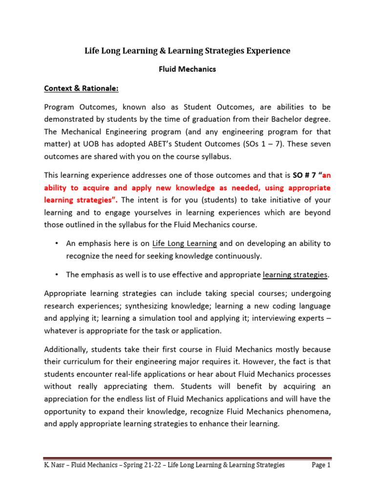 Fluid Mechanics Learning Strategies Guide | PDF | Learning | Lifelong ...