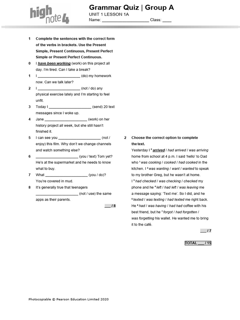 HighNote4 Grammar Quiz Unit01A GroupA | PDF | Linguistic Morphology | Syntax