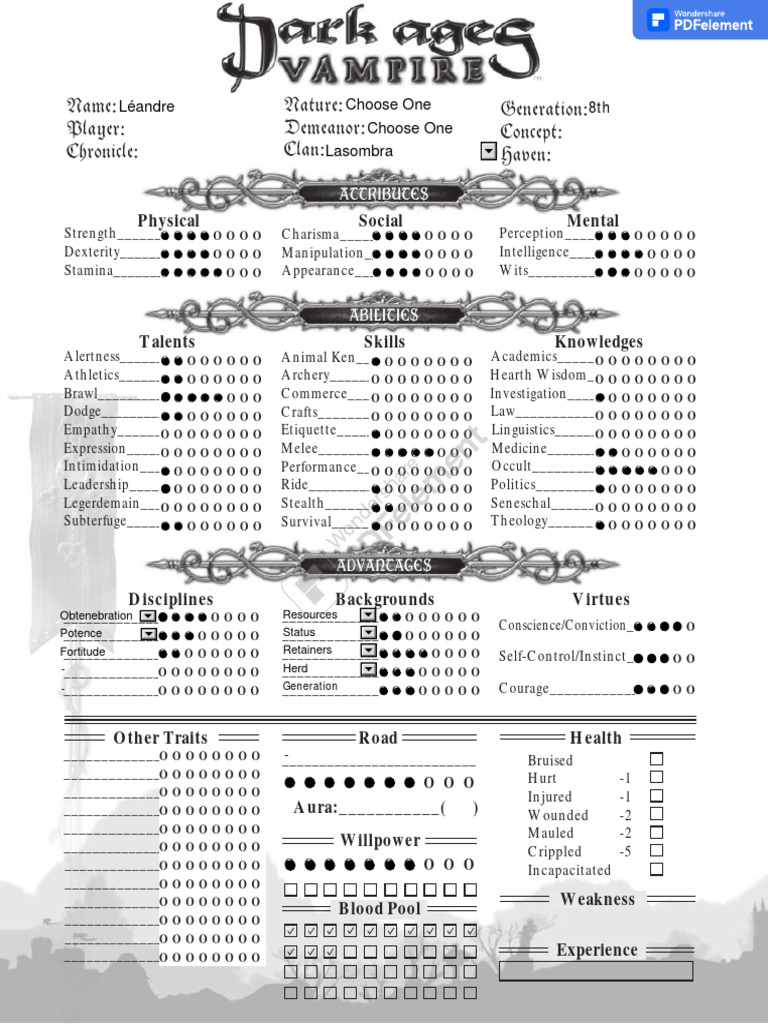 Dark Ages Vampire Editable Character Sheet 4 Pages | PDF