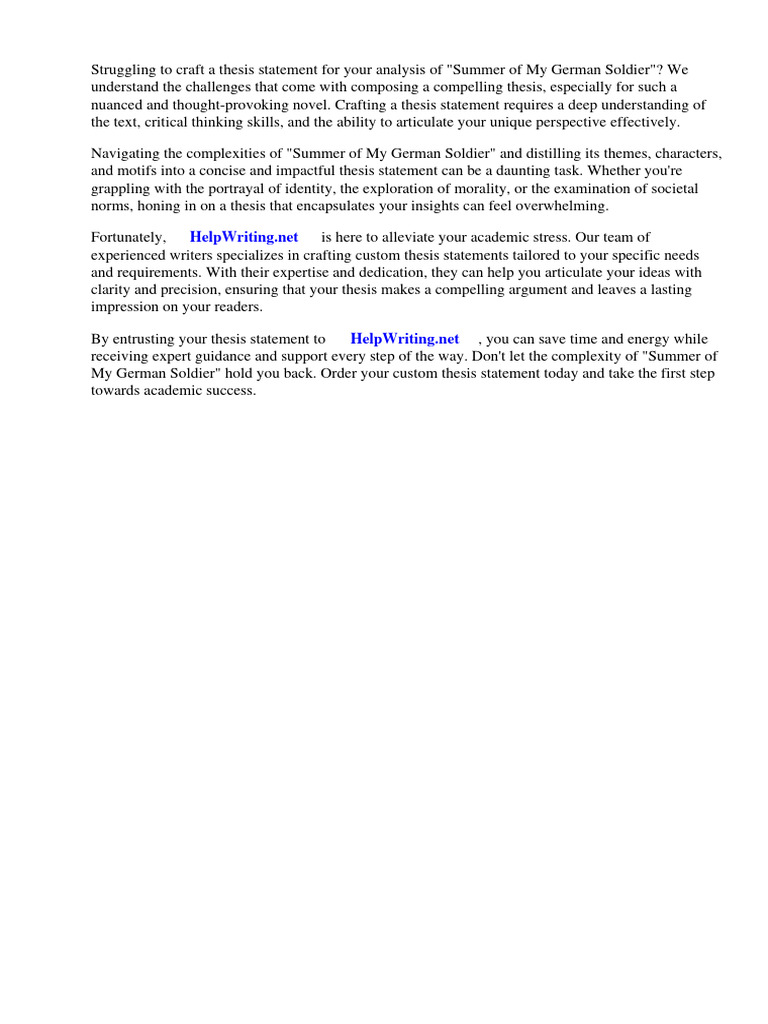 Thesis Statement For Summer of My German Soldier | PDF
